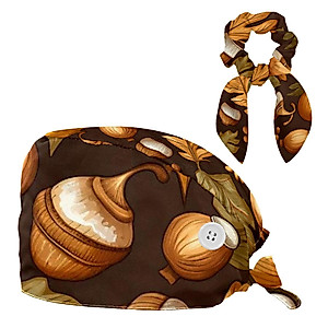 Happy Thanksgiving Acorns Bouffant Working Cap with Ribbon Tie for Women Long Hair, Scrub Surgical Hat, One Size Head Cover