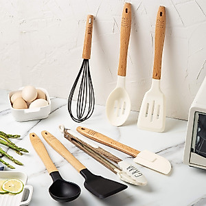 Rae Dunn Everyday Collection 7 Piece Kitchen Utensil Set-Stainless Steel and Silicone Kitchen Tools with Wooden Handles- (Black and White)