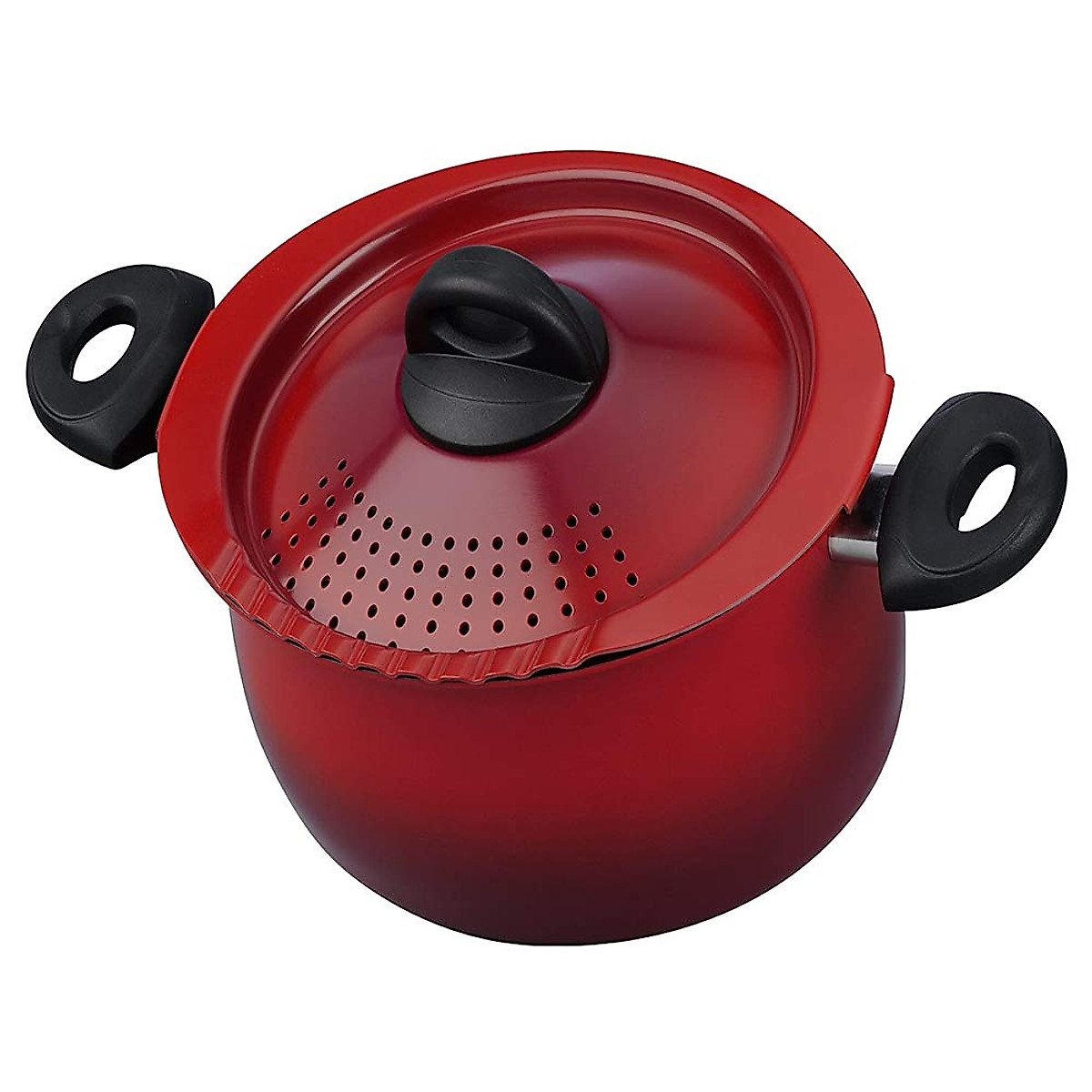 Bialetti Oval Aluminum 5.5 Quart Pasta Pot with Strainer Lid, Nonstick, Red, 5.5 Quarts