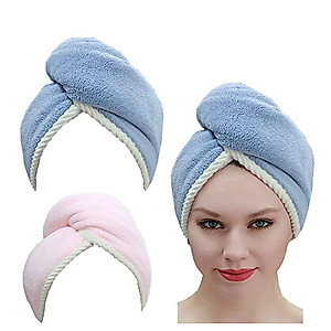 Xicks Ultra Plush Microfiber Hair Towel Wrap for Women, 2 Pack Super Absorbent Quick Dry Hair Turban for Drying Cap Hair Wrap (Pink and Blue)
