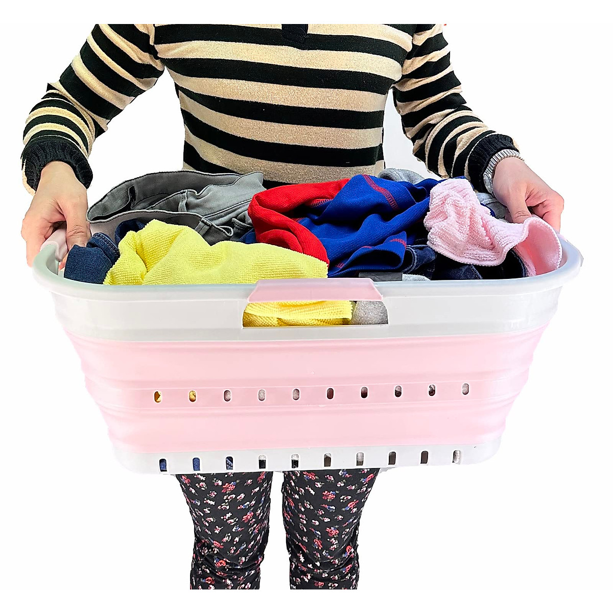 SAMMART 21L (5.5 gallon) Super Mini Collapsible 3 Handled Plastic Basket - Foldable Pop Up Storage Container/Organizer - Space Saving Hamper/Basket (Grey/Pale Pink)