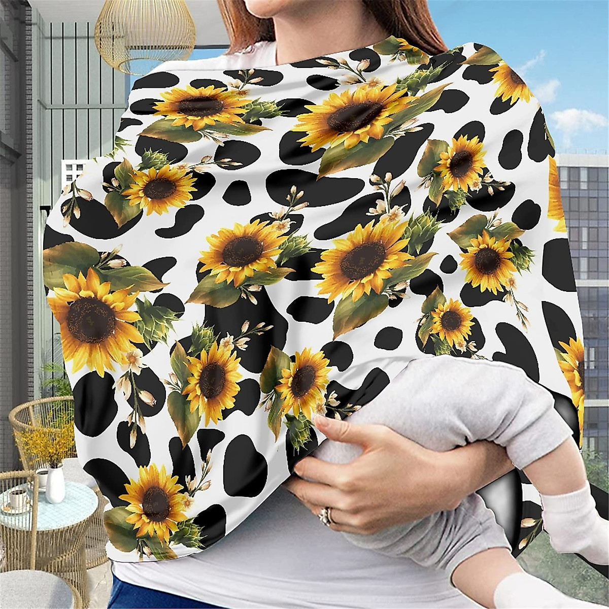 LedBack Novelty Cow Sunflower Print Stretchy Car Seat Cover for Babies,Nursing Cover Breastfeeding Cover,Soft Breathable Baby Carseat Canopy