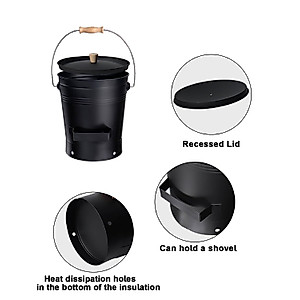 vensovo 2.5 Gallon Ash Bucket with Lid - Shovel, Broom, and Gloves, Heavy Duty Galvanized Iron, Fire-Resistant, Black Finish Perfect for Fireplaces, Fire Pits, Wood-Burning Stoves, and Grills
