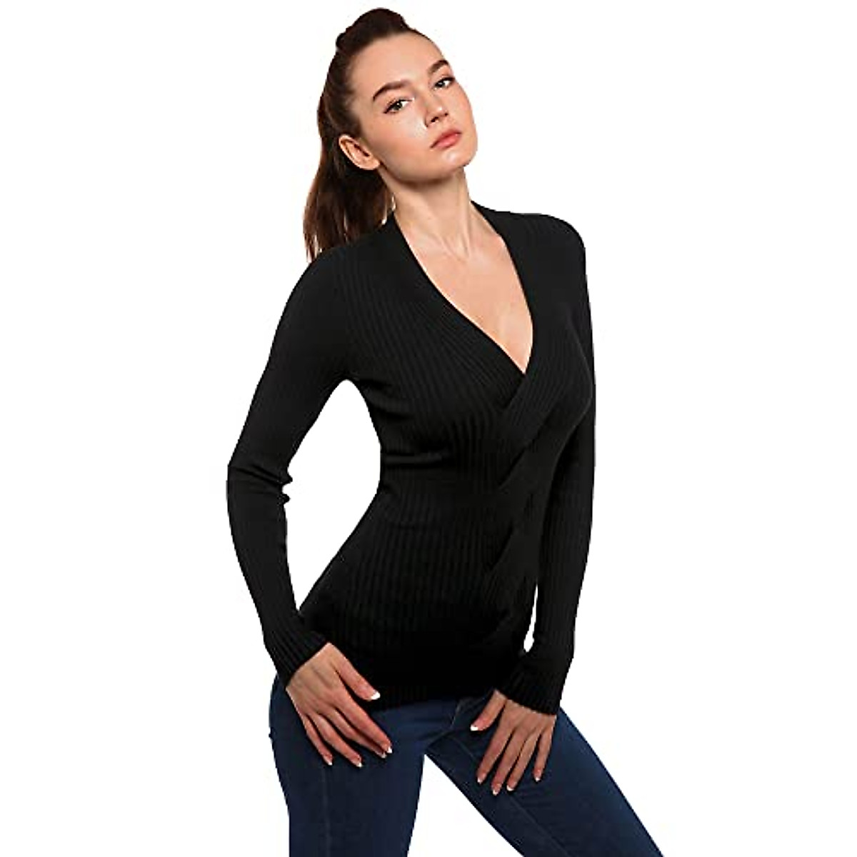 AmélieBoutik Women V Neck Twist Front Cable Knit Long Sleeve Ribbed Sweater (Black Medium)