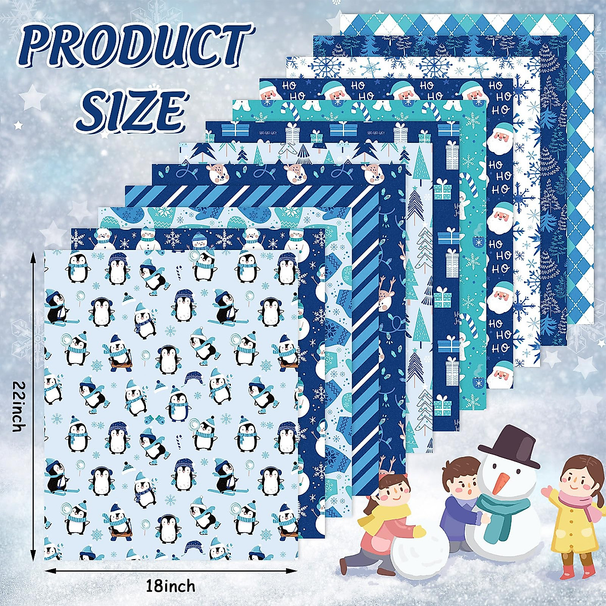 JarThenaAMCS 12Pcs Winter Cotton Fabric Bundles 18 x 22 Inch Snowflake Snowman Santa Penguin Fat Quarters Blue White Sewing Fabrics for Xmas Winter DIY Craft Party Decor