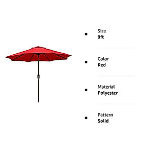 Blissun 9ft Patio Umbrella, Manual Push Button Tilt and Crank Garden Parasol (Red)