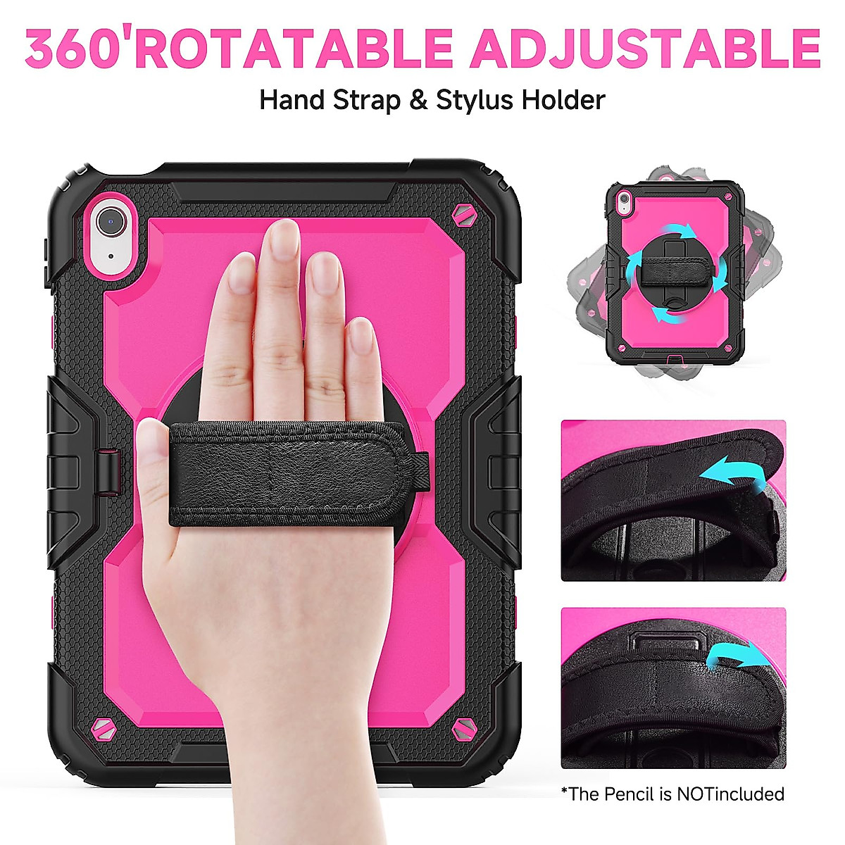 SIBEITU Case for iPad 10th Generation 10.9 inch 2022 with Screen Protector Pencil Holder, 3 Layer Shockproof Rugged Protective Case for iPad 10th Gen A2757/A2777 w/Kickstand & Shoulder Strap, Rose