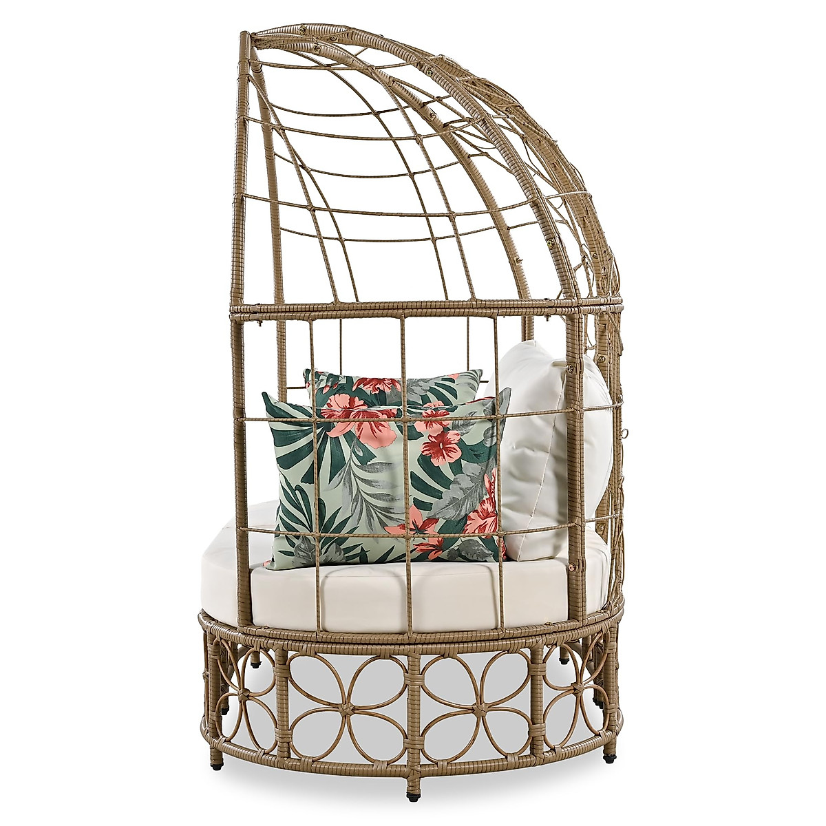 Merax Round Outdoor Patio Daybed, Conversation Sofa Set with Canopy, Wicker Loveseat Sunbed with Floral Pattern, Colorful Pillows & Removable Cushions, Beige