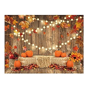 Funnytree 8x6FT Fall Pumpkin Photography Backdrop Autumn Tanksgiving Harvest Hay Leaves Wooden Background Sunflower Maple Baby Shower Banner Decoration Party Supplies Photo Booth Prop