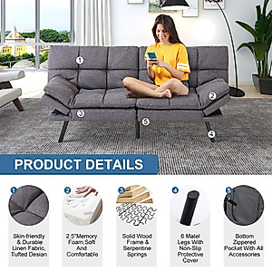 Maxspeed Futon Sofa Bed Memory Foam Couch Convertible Modern Loveseat Sleeper Sofa Adjustable ArmrestsMetal Legs,Multifunctional Futon Sofa BedLiving Room,,Small Spaces(Grey),Grey 1(267FA-DGY-06)