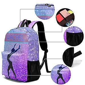 Personalized Gymnastic Bling Print Purple Student Backpacks Set with Name Large Unique 1Lunch Handbag +1Pencil Case +1Schoolbag