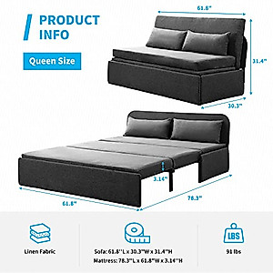 Mjkone Pull Out Sofa Bed, 2-in-1 Modern Pull Out Linen Sleeper Sofa Couch, Queen Size Revesible Couch Bed with Cushions&Throw Pillows for Small Place/Apartment/Living Room/Office/Studio (Dark Gray)