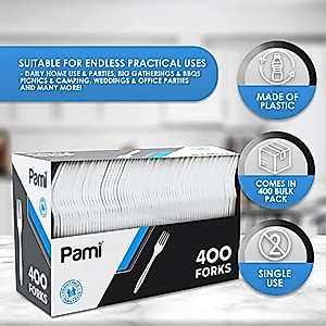 PAMI Medium-Weight Disposable Plastic Forks [400-Pack] - Bulk White Plastic Silverware For Parties, Weddings, Catering Food Stands, Takeaway Orders & More- Sturdy Single-Use Partyware Forks