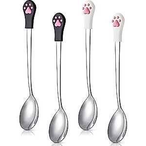 4 Pieces Dog Cat Spoon Pet Food Can Spoon Stainless Steel Pet Food Spoon Cat Claw Spoon for Dog and Cat Food Can, White and Black