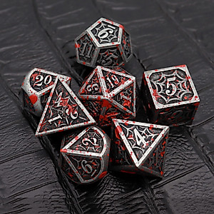 Haxtec Blood Splatter Metal DND Dice Set W/Gift Leather Dice Bag Bloodstained D&D Dice Spider Web Pattern Polyhedral Dice for Dungeons and Dragons TTRPG Games