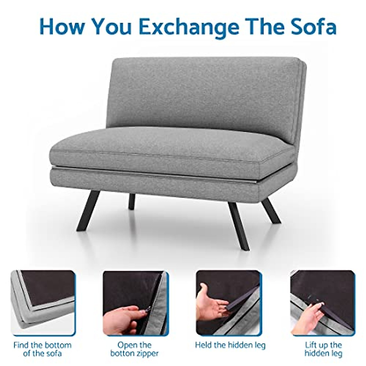 LIFERECORD Convertible Futon Sofa Bed 4 in 1 Multi-Function Modern Mini Single Floor Sleeper Chair with Adjustable Backrest for Living, Small Room Apartment, Dorm, Grey