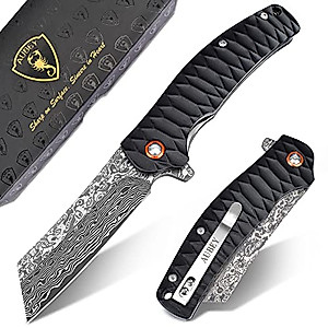 AUBEY EDC Damascus Pocket Knife, 3.34 inch Damascus Steel Hollow Grind Blade, Folding Knife with Liner Lock, Ball Bearing, Aluminum Non-Slip Handle, Damascus Knife for Outdoor Camping Hunting (Black)