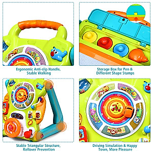 BABY JOY Sit-to-Stand Walker, 3 in 1 Baby Walker, Drawing Board, Entertainment Table, Kids Activity Center w/Lights, Music, Phone, Steering Wheel, Educational Push Toy for Toddlers (Blue)