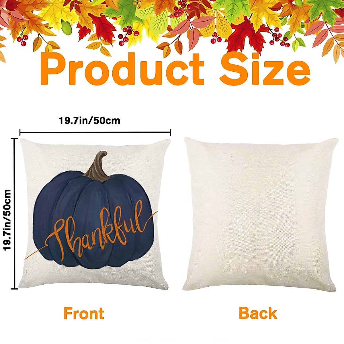 Vellibring Fall Pillow Covers 20 x 20 Inch Blue Pumpkins Throw Pillow Covers for Farmhouse Autumn Cushion Covers Thanksgiving Pillow Case for Indoor Home Bedroom Sofa Decor