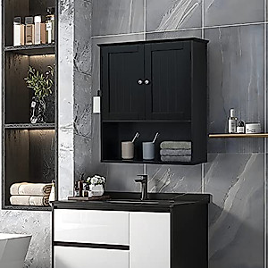 Iwell Bathroom Cabinet Wall Mounted with 2 Shelf & Toilet Paper Holder, 23.6''L*8.9''W*27.9''H Medicine Cabinet, Double Doors for Bathroom, Over The Toilet Space Saver Storage Cabinet, Black