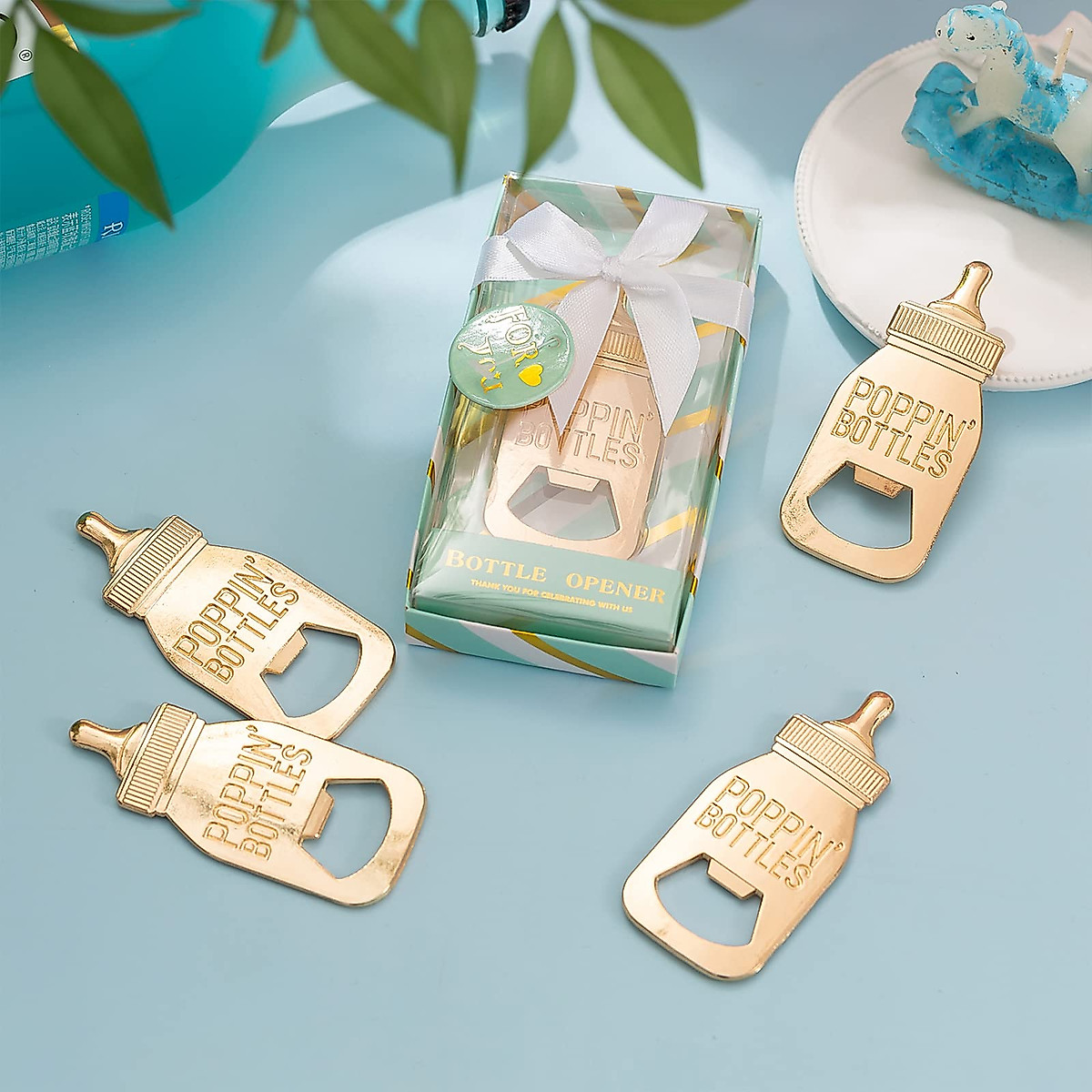 Uezea 24 Pieces Baby Bottle Openers Shower Favoris, Gifts, Decorations, or Souvenir Guest Gift Boxes, Poppin Design for Baby Boys or Girls (24 Pack Green)