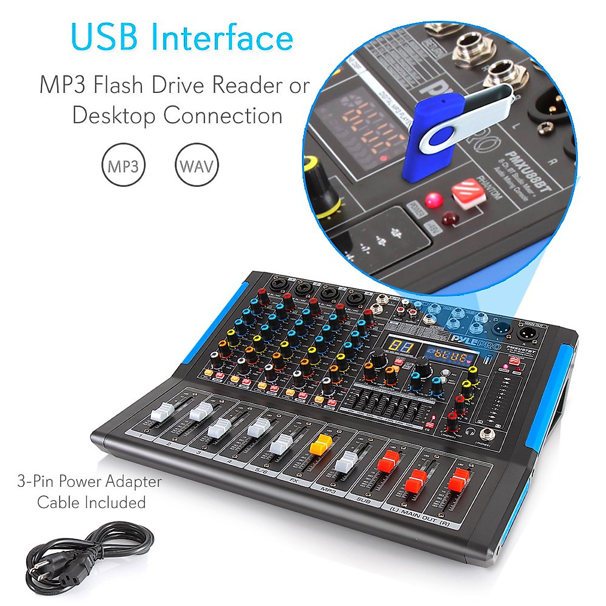 Pyle 6-Channel Bluetooth Studio Audio Mixer - DJ Sound Controller Interface with USB Drive for PC Recording Input, XLR Microphone Jack, 48V Power, I/O for Professional and Beginners - PMXU67BT