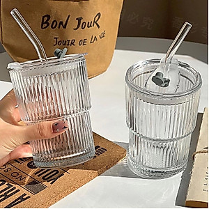 Lioong 2pcs Clear Glass Cups with Lids and Straws,Ice Coffee Cups With Lids,Glass Coffee Tumbler with Sip Lid,Glass Cups Go Traveling Coffee Mugs For Cold Drinks, Smoothie, Juice,Drinking (400ml)