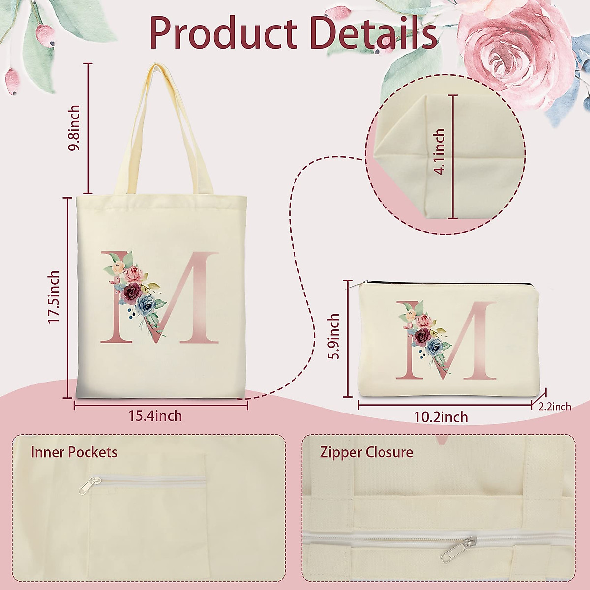 Binggemen Initial Canvas Tote Bag with Zipper Pockets,Personalized Totes for Women Bridesmaids Teacher,Cosmetic Makeup Bag,Monogrammed Gifts for Wedding Birthday (Letter M)