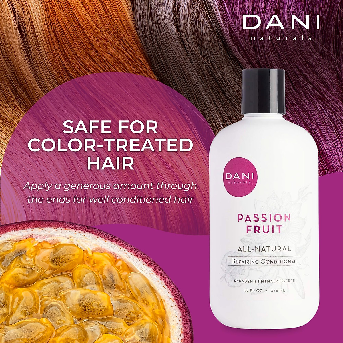 DANI Natural Nourishing Conditioner Naturals - Organic Ingredients Hydrate & Strengthen Hair - Sulfate, Phthalate & Paraben Free - Vegan & Cruelty Free - 12 Ounces (Passion Fruit)