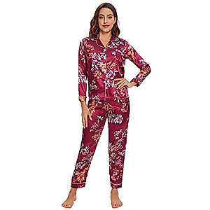 WDIRARA Women's Silk Satin Pajama Set 4 Pieces Sleepwear Loungewear Pj Sets Burgundy M