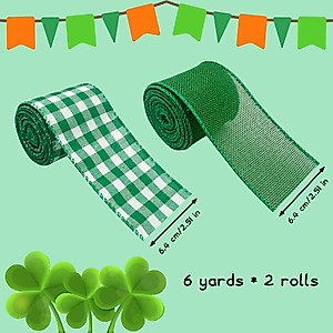 2 Rolls Buffalo Plaid Wired Edge Ribbons 2.5 Inch Wide St Patrick's Day Green Fabric Ribbons Irish Festival Burlap Ribbons for Gift Wrapping Wreath Party Decoration DIY Craft Supplies, 12 Yards