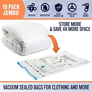ClearSpace Vacuum Storage Bags, Space Saver Bags – 10 Jumbo Vacuum Seal Bags for Clothing, Blanket Storage, Clothes Storage – Vacuum Sealer Bags, Storage Bags or Travel Bags, Hand Pump Included