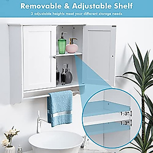 Giantex Bathroom Cabinet Wall Mounted - Over The Toilet Medicine Cabinet with Double Doors, Adjustable Shelf and Towels Bar, Above Toilet Storage Cabinet for Bedroom Kitchen Wall Cabinet (White)