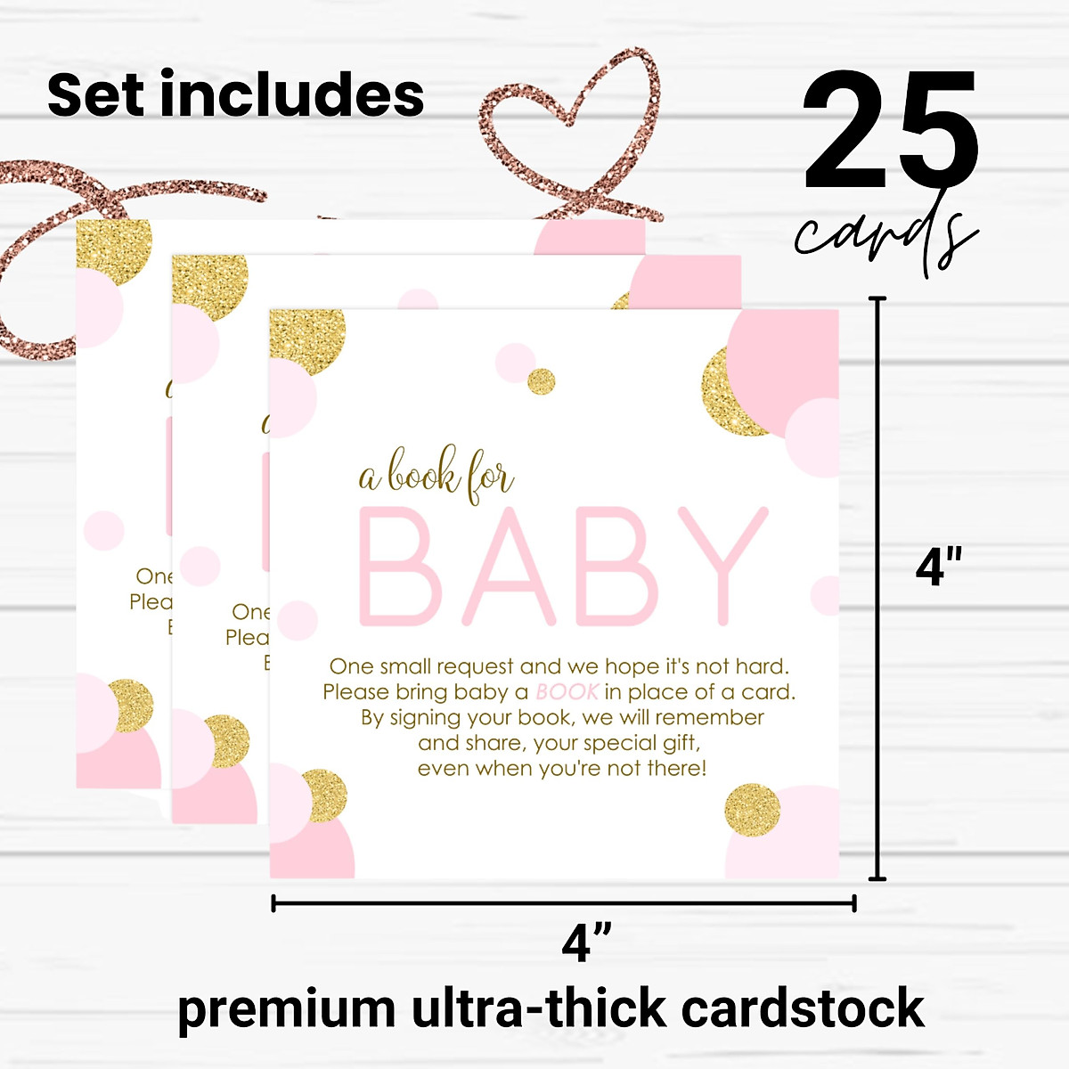 Pink and Gold Books for Baby Shower Cards, Invitation Inserts Girls Book Request, Bring Book Instead of Cards Poem, Cute Storybook-Theme Ideas, 25 Pack