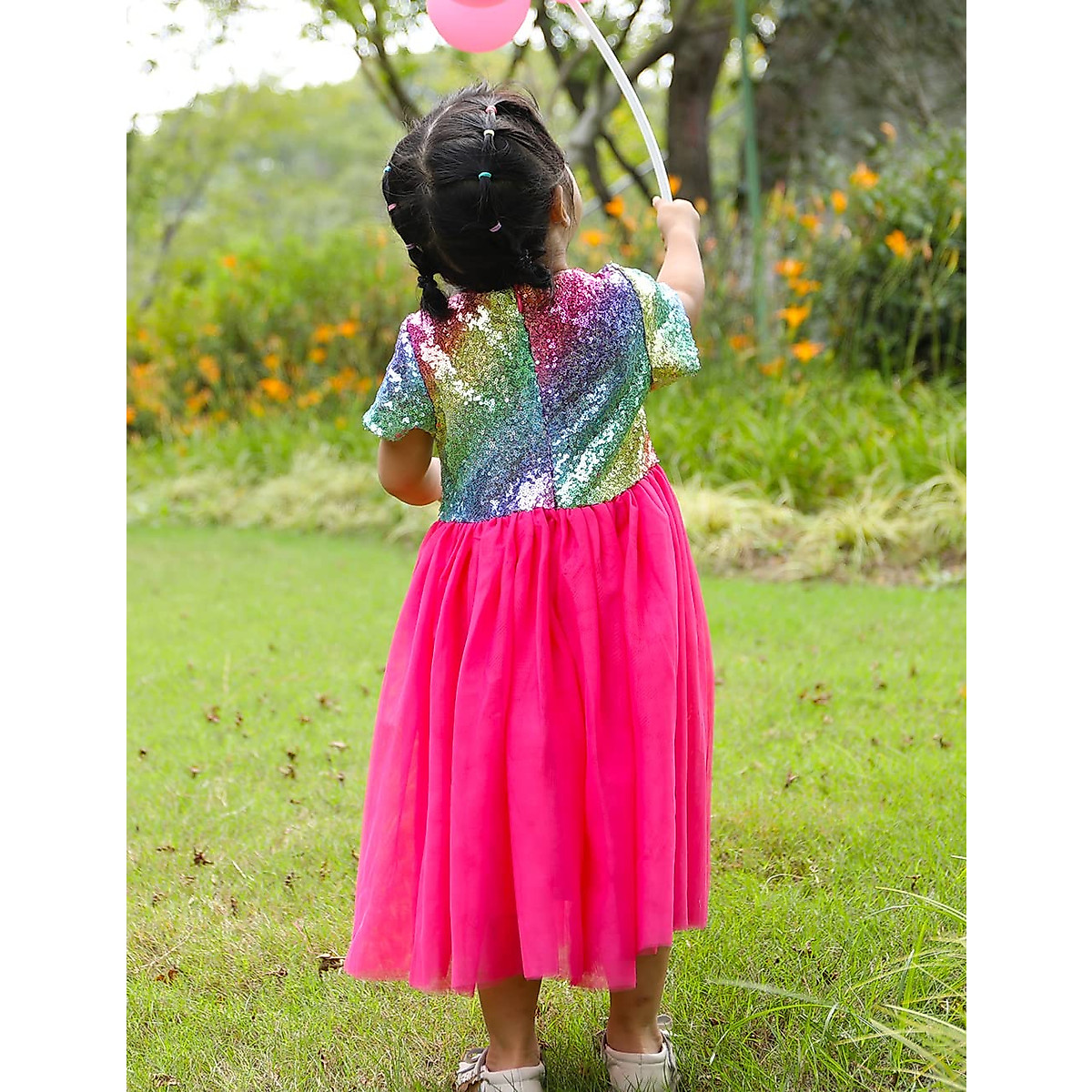 Cilucu Flower Girls Dresses Toddlers Sequin Tutu Dress for Big Girls Pegeant Party Kids Birthday Dress for Wedding Princess Dress Christmas Halloween Dress Rainbow Hot Pink 7-8 Years Old