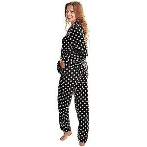 Angelina Women's Pajama Set Cozy Fleece with Notch Collar and Pockets | PJ56_S | Black with White Dots