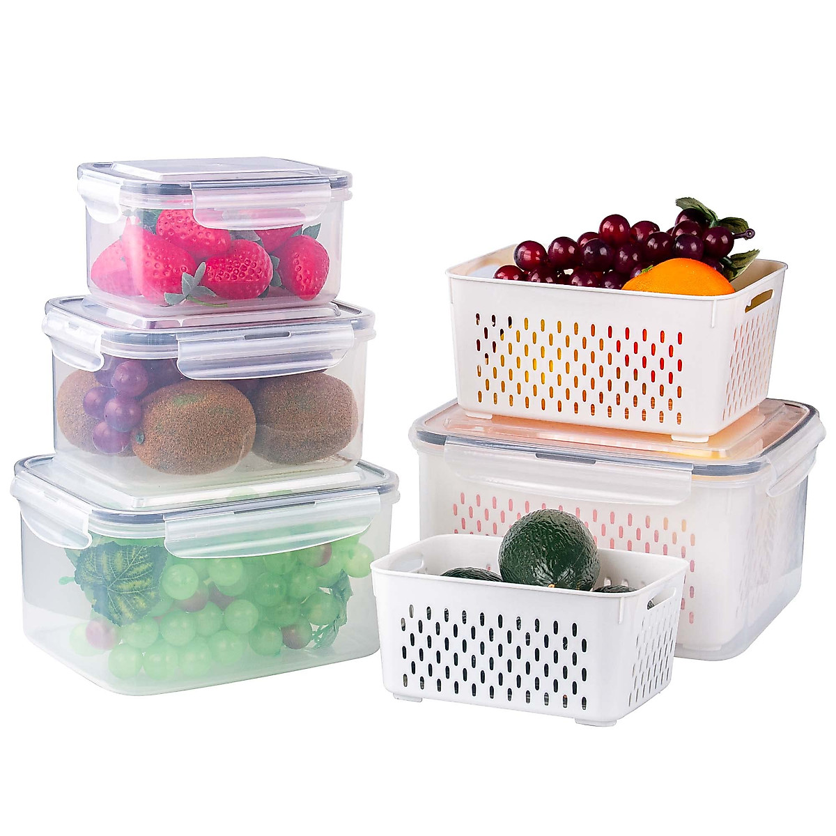 Fruit Storage Containers For Fridge Organizer Vegetable Fresh Food Keeper Produce Saver Refrigerator Reusable 4 Pack Box Multi-Size Large Capacity with Lid & Colander for Home Kicthen Travel Set