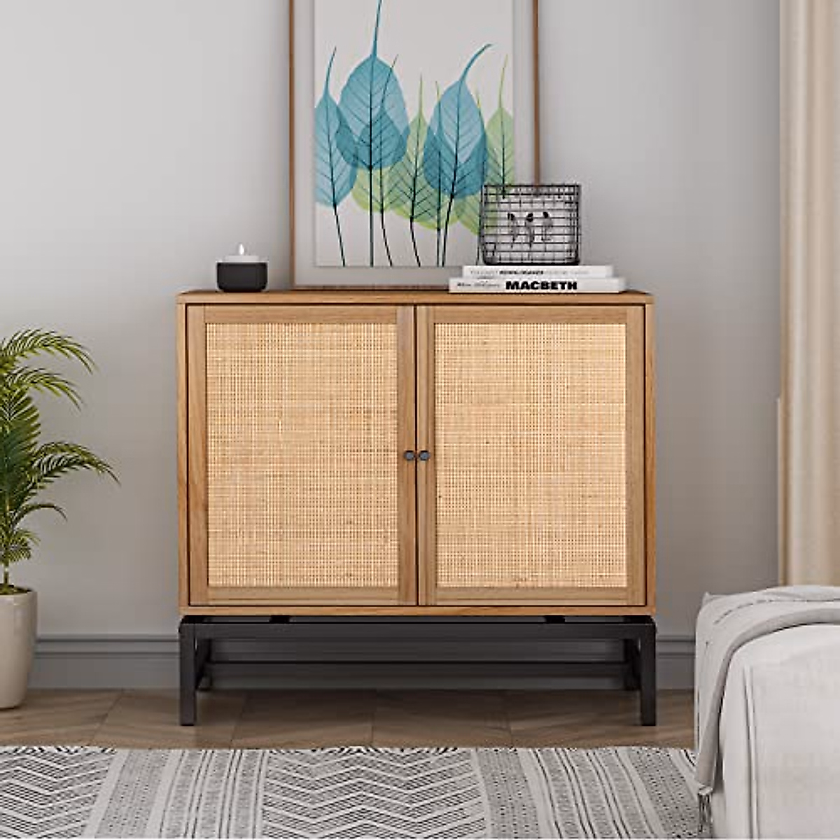 Sideboard Buffet Side Cabinet with Natural Rattan and 2 Magnetic Door, 2-Tier Storage Cabinet Accent Cabinet Console with Metal Bracket, for Living Room Bedroom, Entryway (Rattan Low Leg)