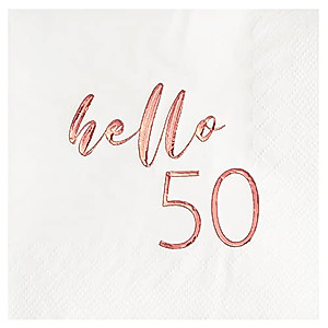 Crisky Rose Gold Hello 50 Cocktail Napkins for Women 50th Birthday Decorations, 3-Ply 50th Birthday Disposable Cake Beverage Dessert Napkins, 50 Pcs