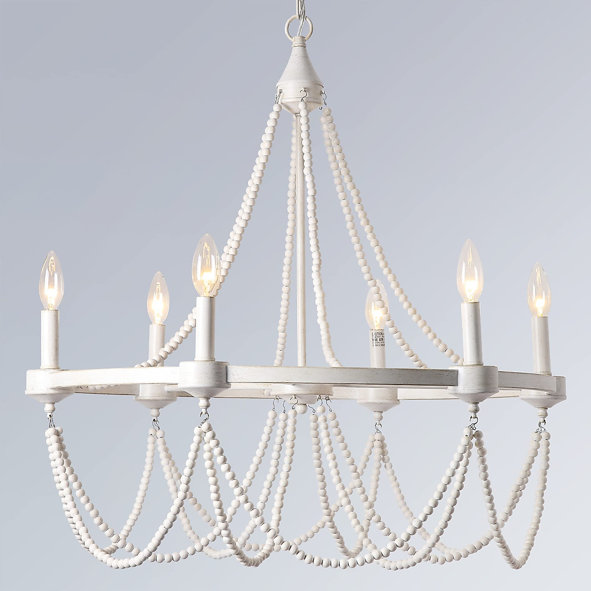 28 Inch White Beaded Chandelier Bohemian Style, 6-Light Retro Wood Country Chandelier, Farmhouse Chandeliers for Dining Room, (Bulb Not Included)