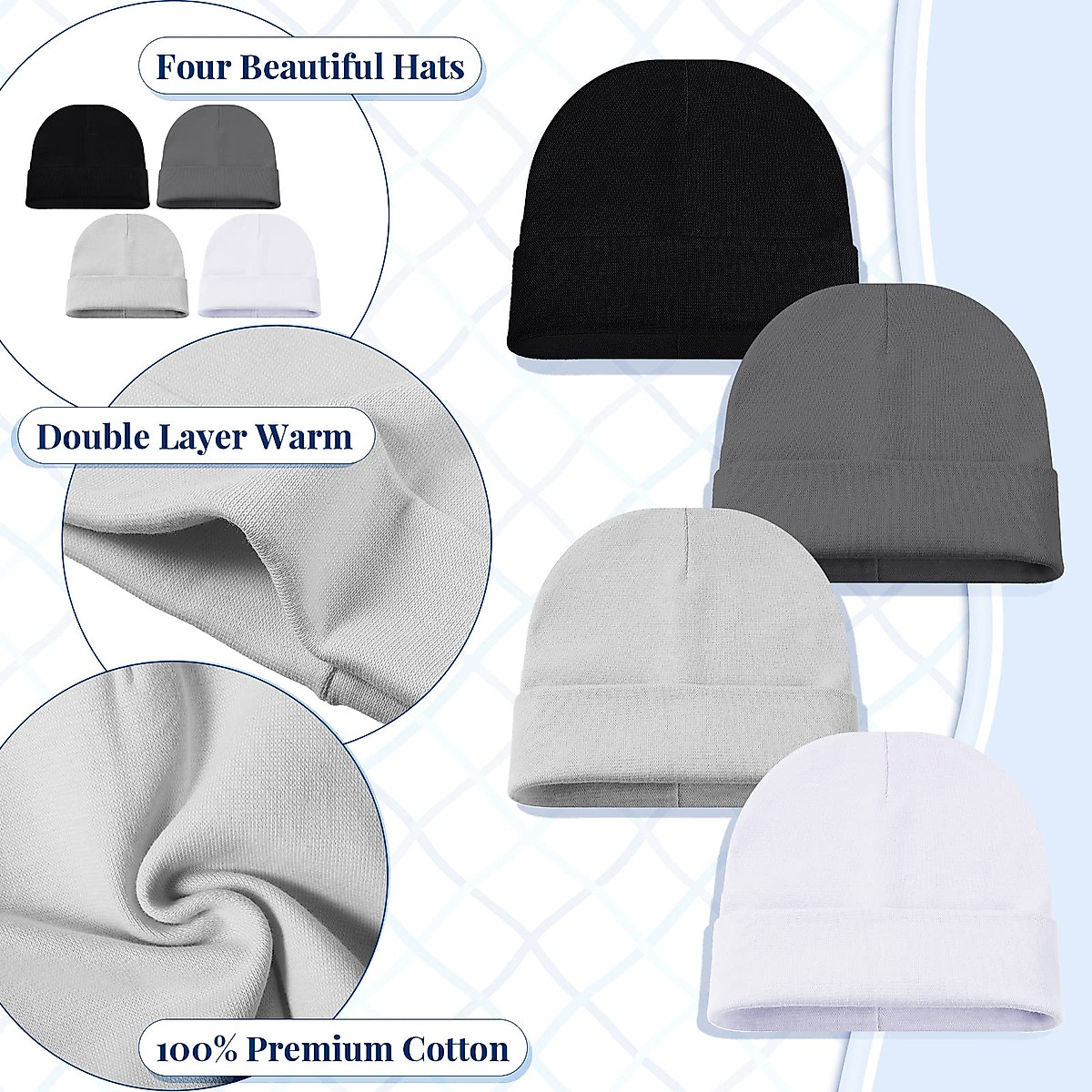 Boyiee 12 Pieces Baby Mittens Newborn Hats and Sock Infant Mittens Baby Caps Mittens Socks Set No Slip Ankle Socks(Blue and White)