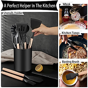 12PCS Cooking Kitchen Utensils, P&P CHEF Silicone Utensil Head with Wooden Handle, Turner, Ladle, Spoon, Spatula, Tong, Brush, and Holder, Heat-resistant & Non-scratch, Non-toxic & Non Smell, (Black)