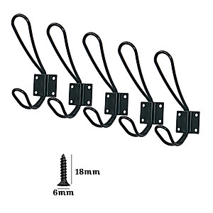 YMAISS 5 Packs of Rustic Heavy Duty Double Coat Hooks,Vintage Wall Mounted Hangers,Metal Decorative Entryway Hat Hook Black Big, Farmhouse Shabby Chic Hanging Look with Screws Included
