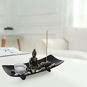MyGift Zen Meditation Rock Garden Table Kit with Wood Tray, Buddha Statue, Rocks, Glass Tealight Candle and Incense Burner Holder