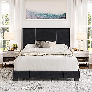 Boyd Sleep Reunion Platform Bed Frame with Fabric Upholstered Headboard and Wooden Slats Supports, Box Spring Required: Velvet, Black, Queen