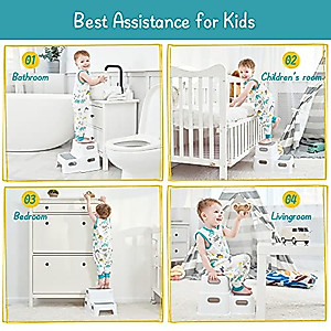 Toddler Step Stool for Bathroom Sink, 2 Step Stool for Kids Toilet Potty Training, Non-Slip Toddlers Baby Child Kid Plastic Poop Stools with Handle to Reach Kitchen Counter Bed (White-Grey)