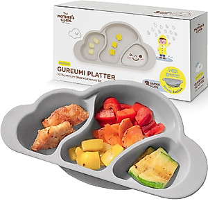 Mother's Corn Suction Plate for Baby | Divided Food-Grade 100% Silicone Feeding Bowls and Dishes for Kids, Infants & Toddlers - BPA-Free, Microwave, Dishwasher & Oven Safe | Cloud Design | Grey