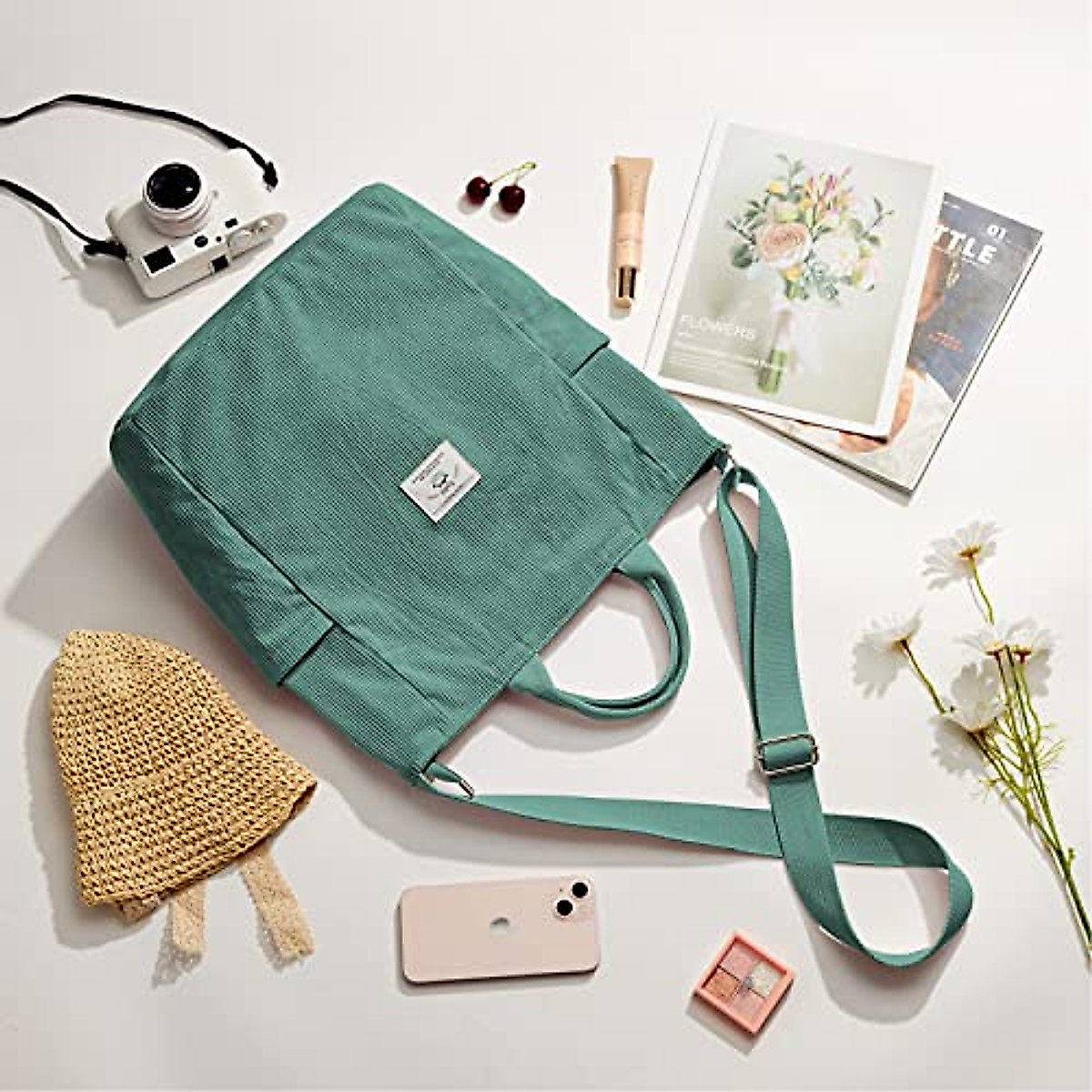 KALIDI Corduroy Tote Bag, Zipper Messenger Bag Shoulder Hobo Anti Splash Crossbody Bag Casual Work Shopping Women Frost Green