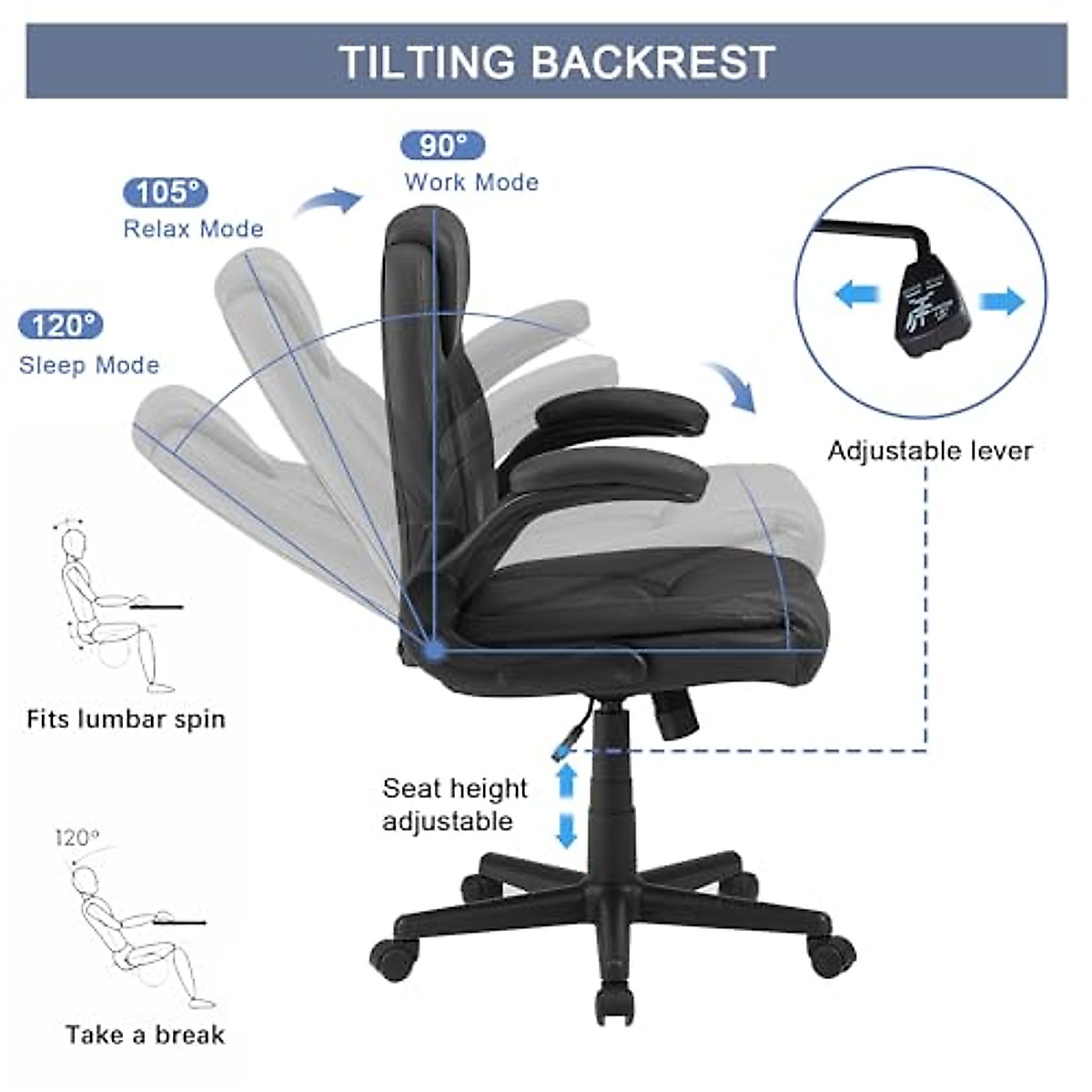 VECELO High Back, Jet Black Ergonomic Executive Chair with SGS Gas Lift, Lumbar Support, Adjustable Height and Rocking Mode, Flip-up Arms, 360°Silent Swivel for Home Office and Gaming