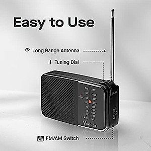 Vondior AM FM Radio - Best Reception and Longest Lasting. AM FM Radio Portable Player Operated by 2 AA Battery, Mono Headphone Socket (Black)